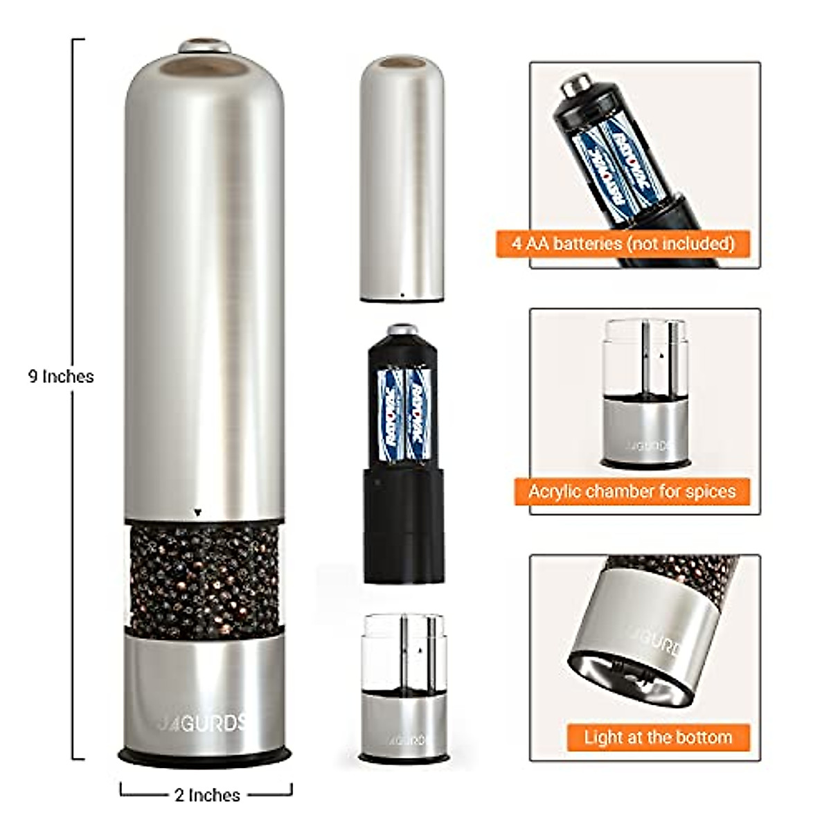 Electric Salt and Pepper Grinder Set - Automatic, Refillable, Battery Operated Stainless Steel Pepper Mill and Salt Grinder with Light - One Handed Push Button Salt and Pepper Shakers