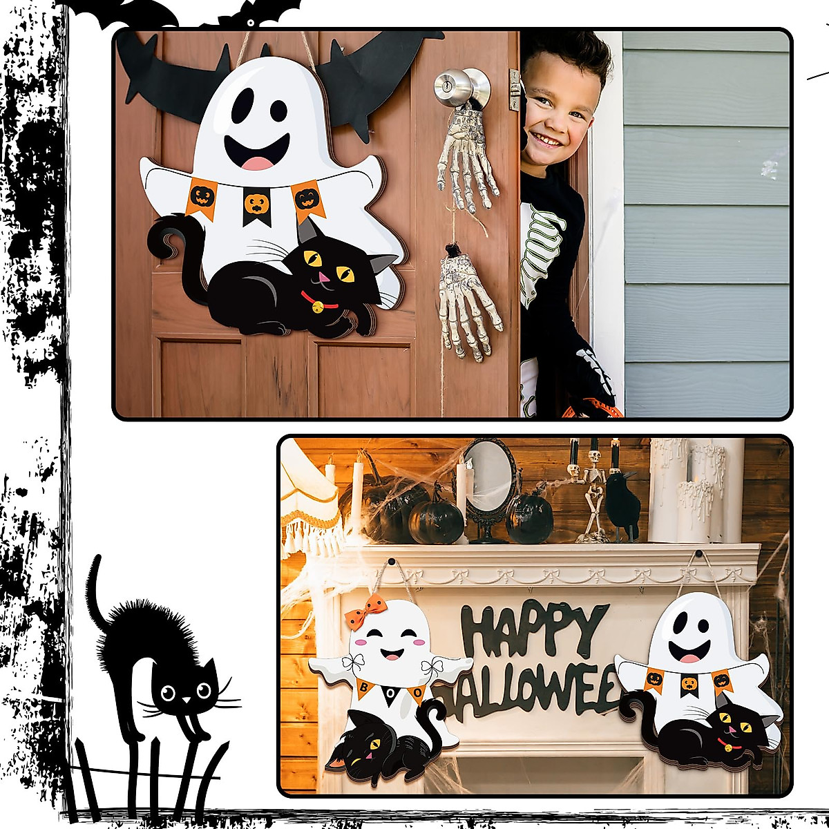 Leinuosen 2 Pcs Halloween Ghost Witch Door Sign Boo Decorations Happy Halloween Front Door Hanger Wreath Decor Black Cat Pumpkin Wooden Hanging Sign for Halloween Party Supplies(Ghost)