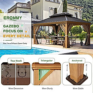 EROMMY 12' x 14' Gazebo, Wooden Finish Coated Aluminum Frame Canopy with Double Galvanized Steel Hardtop Roof, Outdoor Permanent Metal Pavilion with Curtains and Nettings for Patio, Backyard and Deck