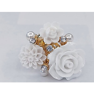 CZ Three White Flower Pearl Open Band Ring for Women Girls Gold Plated Cubic Zirconia Imitation Pearls Resin Rose Flowers Statement Adjustable Expandable Finger Rings Comfort Fit Christmas Jewelry