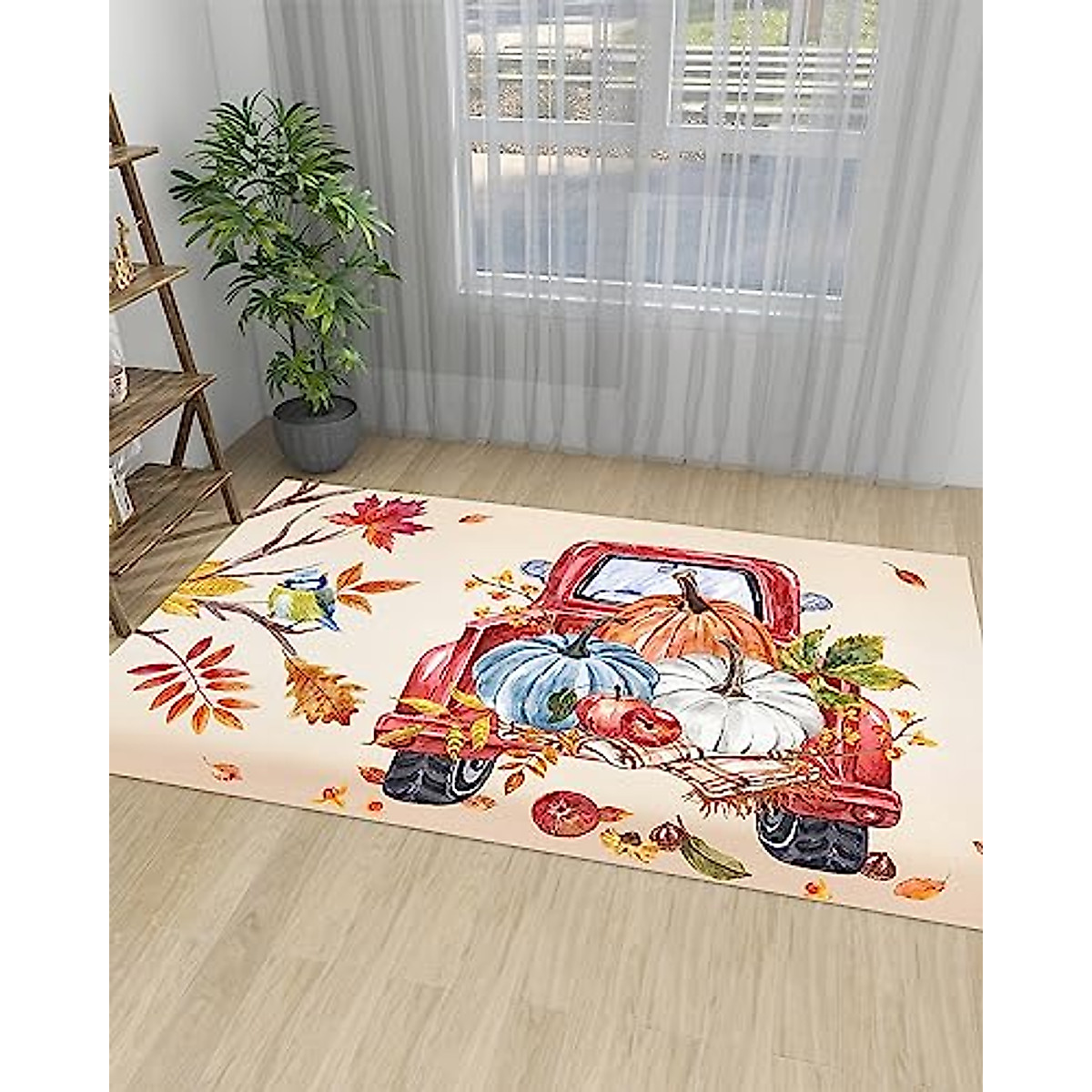 Thanksgiving Fall Large Rectangular Area Rugs 5' x 7' Living Room, Durable Non Slip Rug Carpet Floor Mat for Bedroom Bedside Outdoor Farmhouse Red Truck Pumpkin Leaves Autumn