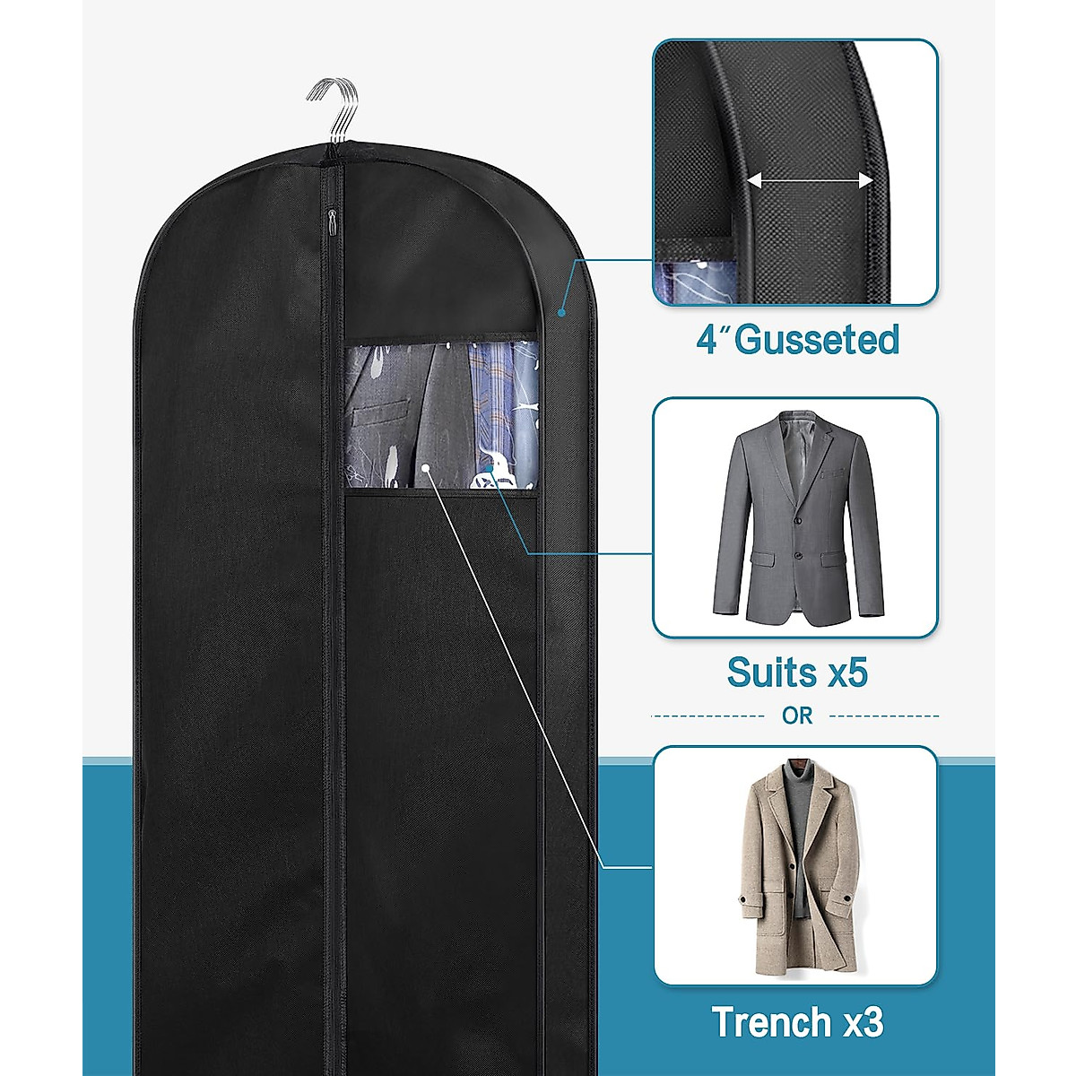 KIMBORA 43" Suit Bags for Closet Storage and Travel, Gusseted Mesh Hanging Garment Bags for Men Suit Cover With Handles for Clothes, Coats, Jackets, Shirts（3 Packs，Black）