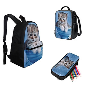 FOR U DESIGNS Kitten Cat Teens Backpack Set Canvas Girls School Bags Bookbags 3 in 1