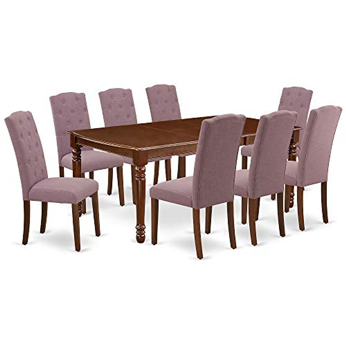 East West Furniture DOCE9-MAH-10 9Pc Dining Set Includes a Rectangle Dinette Table with Butterfly Leaf and Eight Parson Chairs with Dahlia Fabric, Mahogany Finish