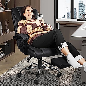 Mimager High Back Executive Office Chair, Reclining Office Chair with Footrest, PU Leather Home Office Desk Chair Adjustable Height, Computer Desk Chair with Lumbar Cushion, Padded Armrests, Black