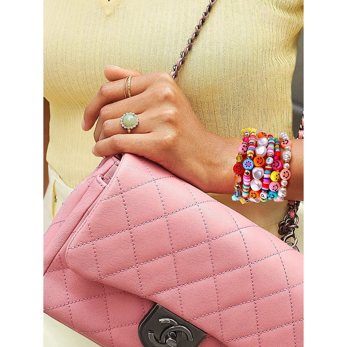 HZEYN Beaded Bracelet Set Stack Colorful Happy Face Pearl Heishi Beaded Stretchy Bracelet Summer Beach Bracelet Jewelry (Colorful-6pcs)