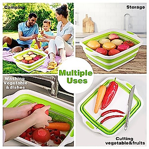 2 Pack Collapsible Cutting Board, Foldable Dish Tub with Draining Hole, Portable Chopping Board with Colander, 3 in 1 Multifunction Camping Sink for Washing Dish, Bowl, Vegetables and Fruit