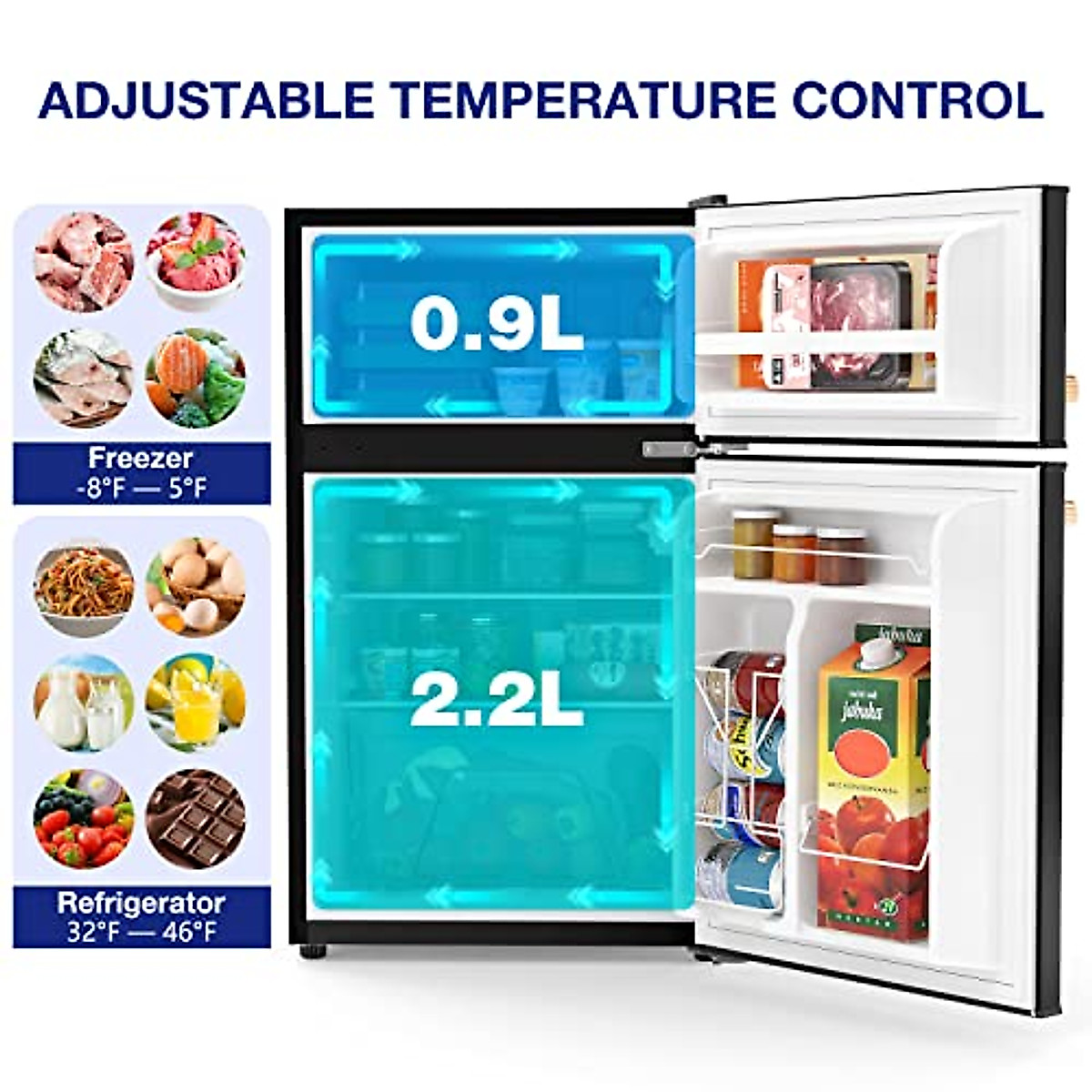 JOY Kitchen JR31TBKE10 2-Door Mini Fridge with Freezer Adjustable Thermostat, Low Noise, Energy-Efficient, Compact Refrigerator for Dorm, Office, Bedroom, 3.1 Cu Ft, Black