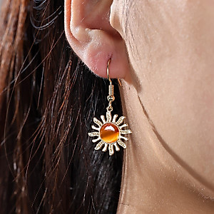 14K Gold Sun Drop Dangle Earrings for Women Unique Orange Carnelian Hippie Earrings Crystal Sun Jewelry Gifts (Sun Earrings)