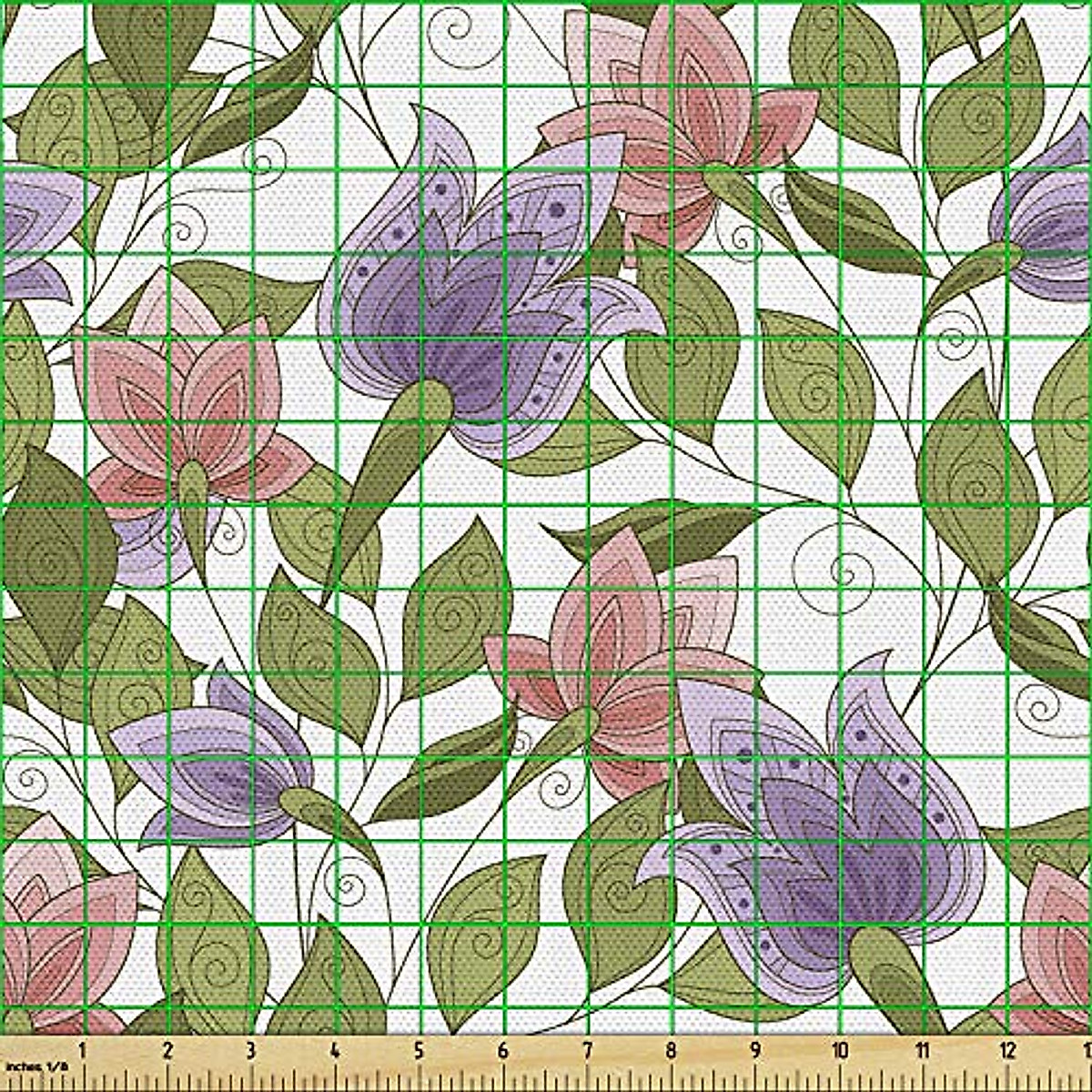 Ambesonne Floral Fabric by The Yard, Pastel Tone Tulip Flower Aged Ottoman National Petals Image, Decorative Fabric for Upholstery and Home Accents, 2 Yards, Olive Green Coral