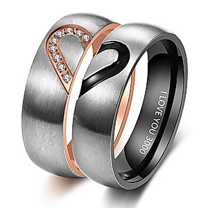 Personalized Couples Promise Ring Set for Him and Her Free Engraving Stainless Steel Engagement Wedding Rings Band Set for Men and Women Valentines Day Jewelry (Black+Rose Gold(2pcs))