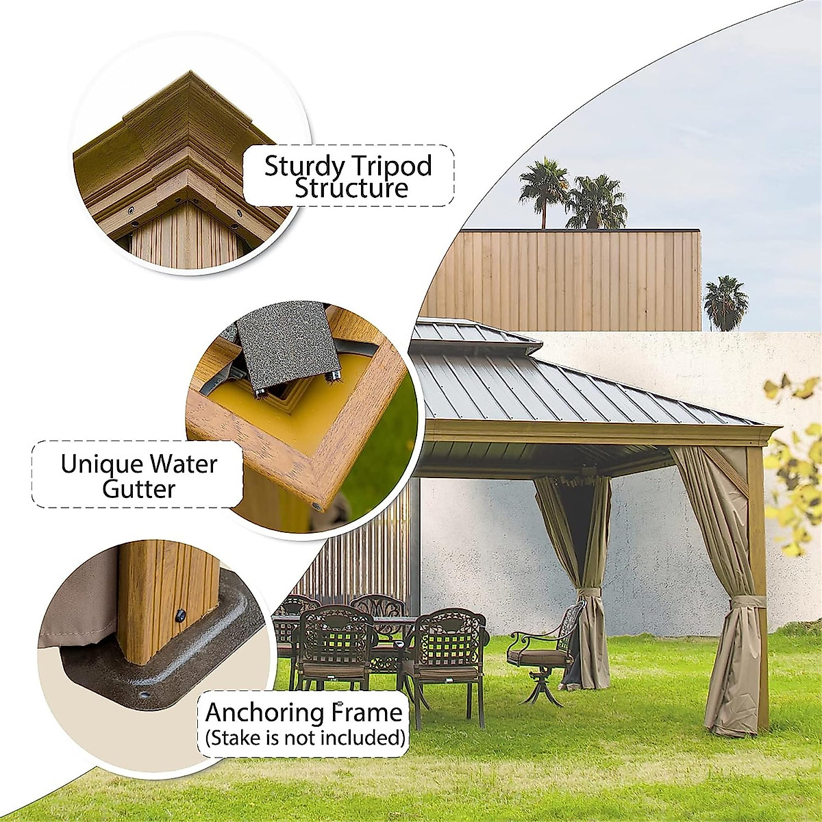 Evedy 12'x14' Hardtop Gazebo, Wooden Coated Aluminum Frame Canopy with Galvanized Steel Double Roof, Outdoor Permanent Metal Pavilion with Curtains and Mosquito Netting for Patio, Deck and Lawn