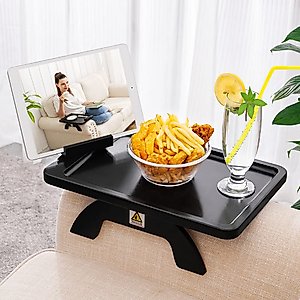 SINWANT Sofa Armrest Tray,Clip On Couch Arm Table, Foldable Sofa Arm Tray with 360° Rotating Phone Holder and Stable Sofa Table for Eating and Drink, Black