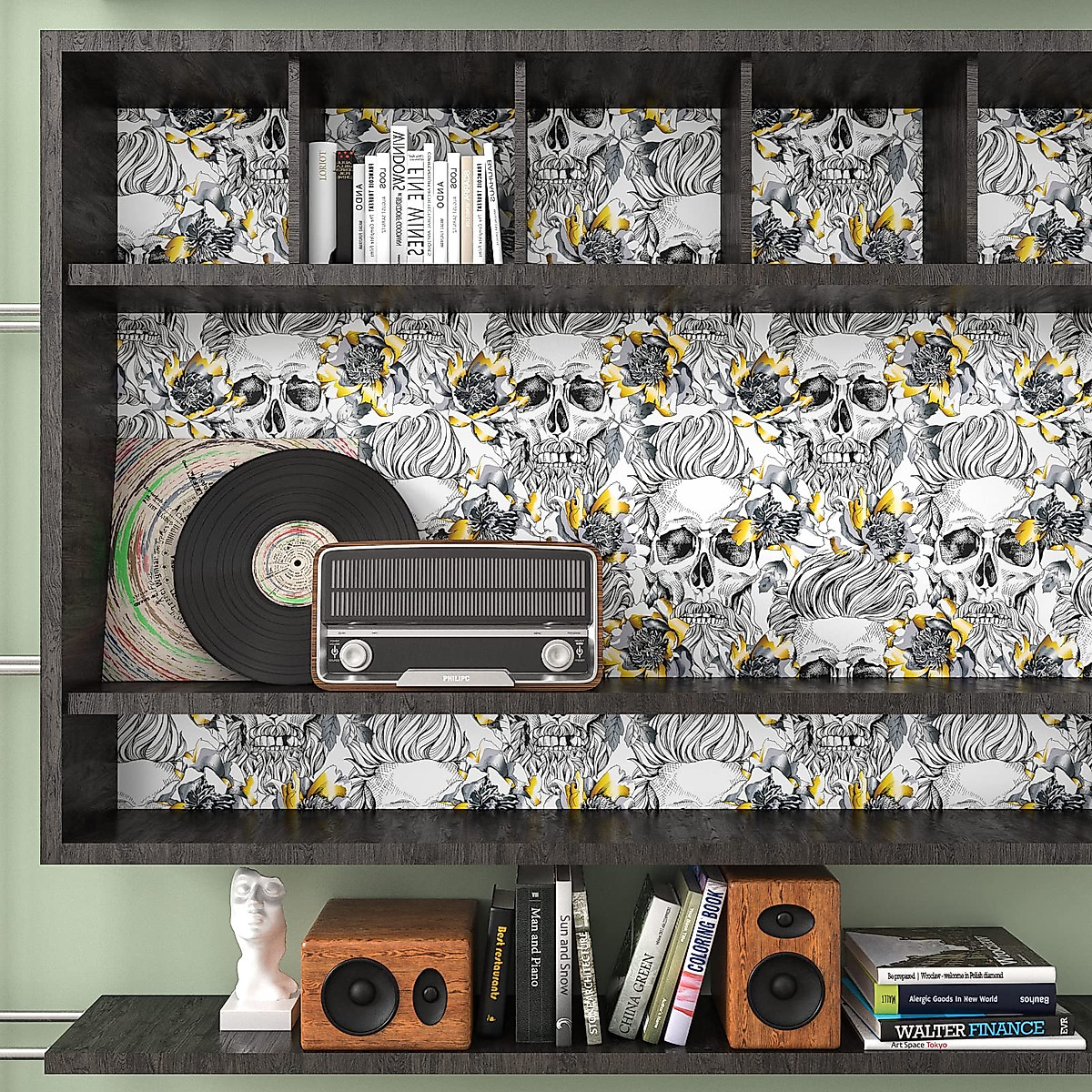 STICKEEP Skull Floral Wallpaper Stick and Peel Boho Gold Floral Peel and Stick Wallpaper for Bedroom Bathroom Wall Paper Black White Floal Contact Paper for Cabinets Self Adhesive Vinyl Roll 24”x118”