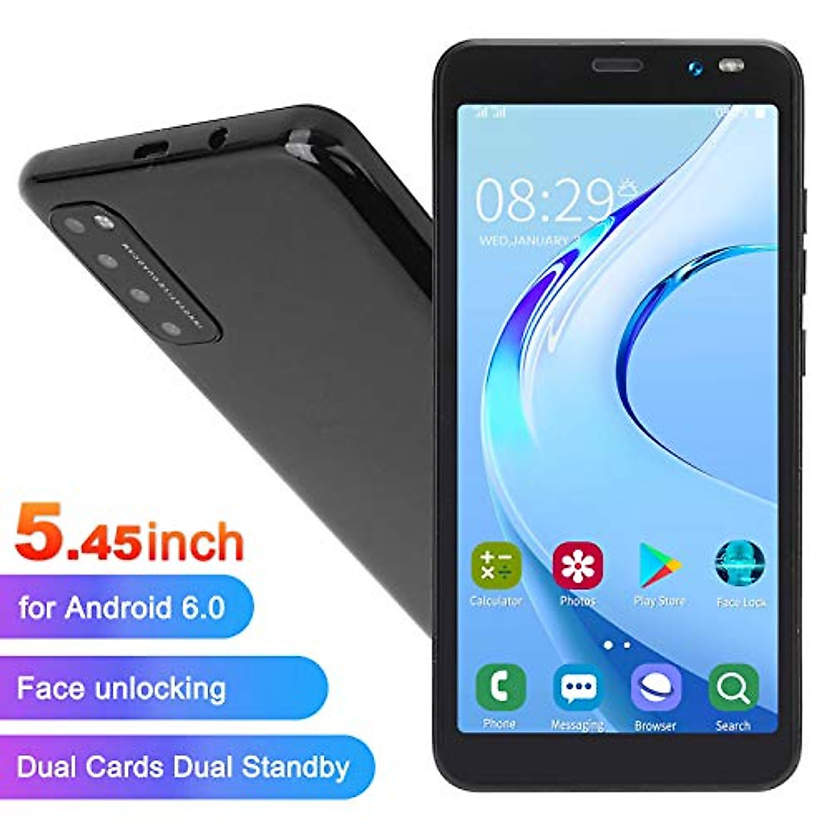 Dilwe 5.45in HD Smartphone Unlocked, Face Fingerprint Unlock Smartphone, Unlocked Android Cell Phone, Dual Camera 2MP+5MP, 1GB+8GB, 2200mAh Battery (Black)