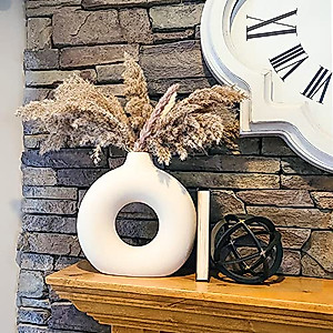 White Ceramic Vase, Modern Vase for Minimalist Decor, Hollow Round Matte Pampas Flower Vases for Boho Home Wedding Party Room Dinner Table Shelf Decor (2pcs)
