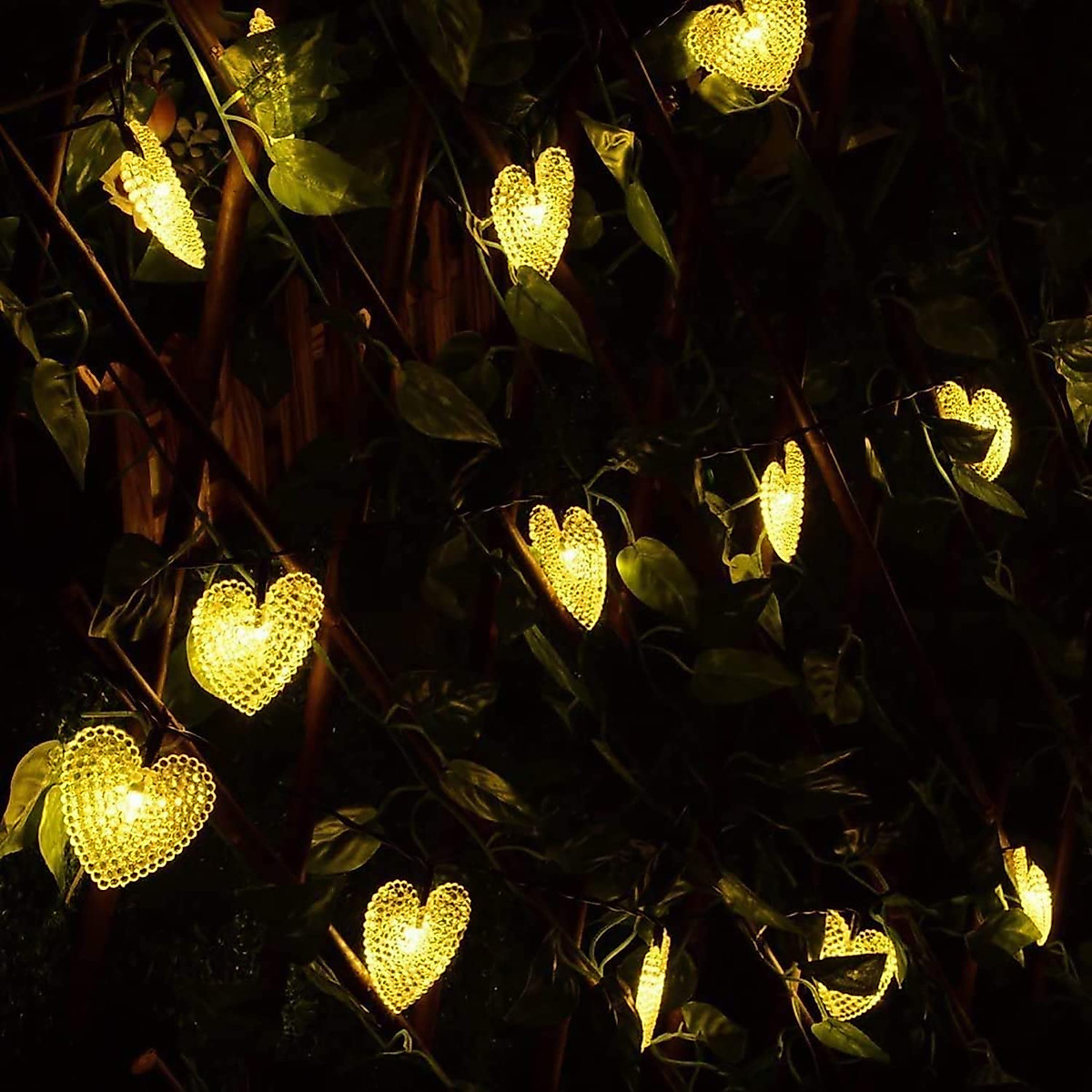 WONFAST Solar Heart String Lights, Waterproof 23ft 50LED Heart-Shaped 8 Mode Solar Starry Ambiance Lighting Christmas Fairy String Lights for Gardens Path Homes Wedding Party Decor (Warm White)