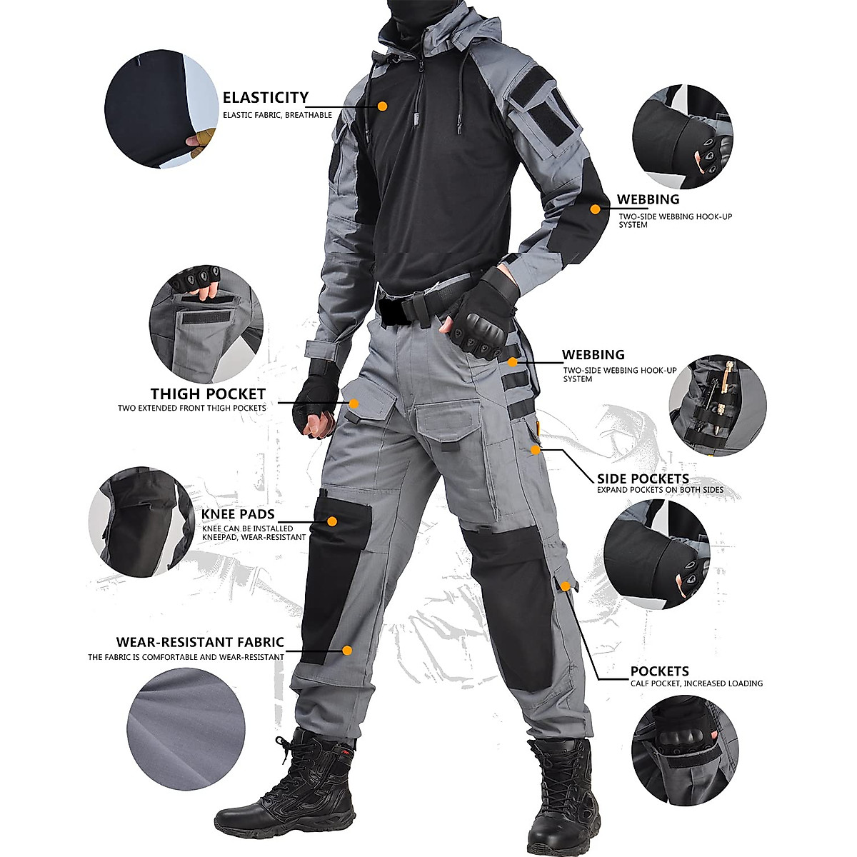 HAN·WILD Men's Tactical Suit Combat Pants and Shirts with Hood Military Uniform Airsoft Clothing with Knee Pads（GRAY）