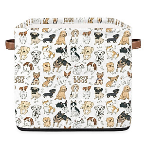 Fzsopd Storage Basket Cute Cartoon Dog Print Canvas Toy Storage Boxes Collapsible Storage Bin Storage Cube Box with Handles for Shelf Closet Bedroom Home Office