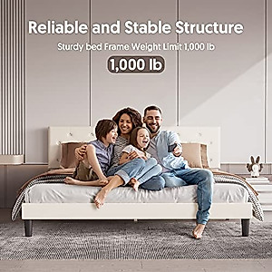 BONSOIR Queen Size Bed Frame Upholstered Low Profile Traditional Platform with Tufted Headboard/No Box Spring Needed/No Bed Skirt Needed/Soft Faux Velvet Upholstery/ Ivory