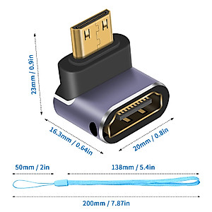Duttek 8K Mini HDMI to HDMI Adapter, 48Gbps HDMI to Mini HDMI Extender Adapter, Down Angled Mini HDMI Male to HDMI Female Converter with LED Working Indicator Lamp, for Camera, Camcorder (2 Pack)