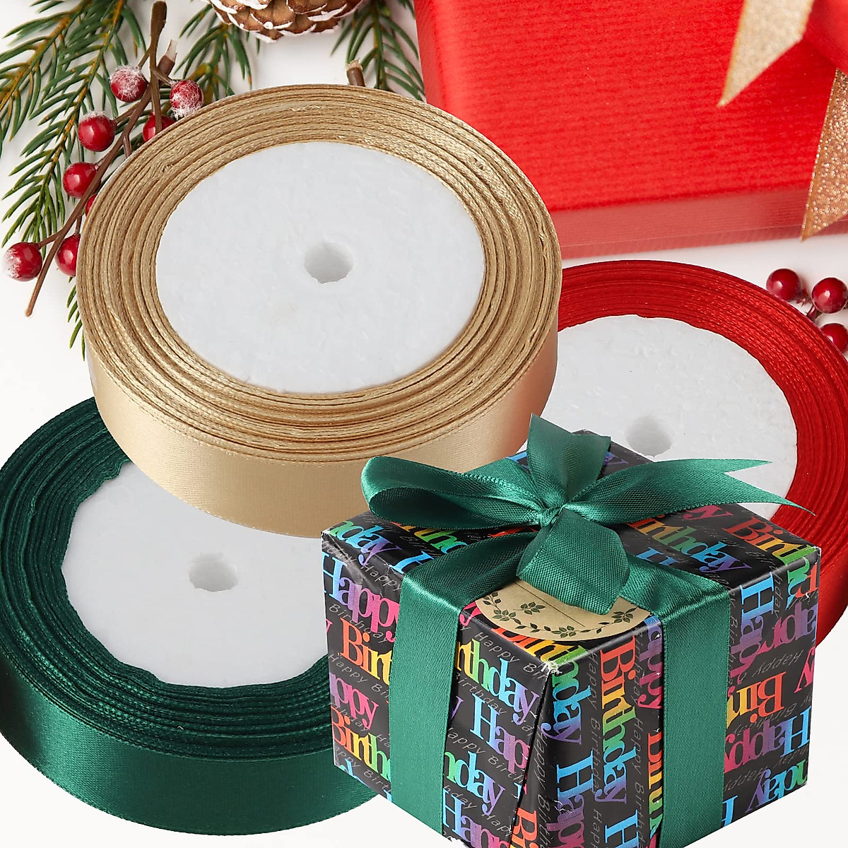3 Rolls 75 Yard Christmas Satin Ribbon, 1 Inch Wide Gift Wrapping Ribbon Double Faced Polyester Ribbon Rolls Solid Satin Ribbon for Christmas Wedding Party DIY Craft Making (Red, Green, Gold)