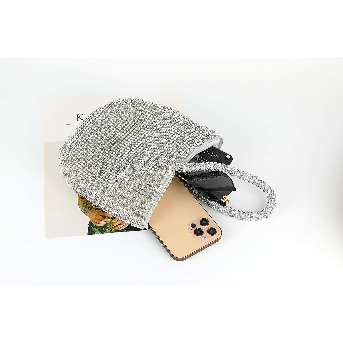 Vgift Rhinestone Purse, Women Sparkle Bling Wristlet Clutch Evening Bag for Prom Party Night Out, Silver