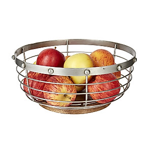 KitchenCraft Industrial Kitchen Vintage-Style Metal/Wooden Fruit Bowl, 28 x 12 cm (11" x 5") - Grey