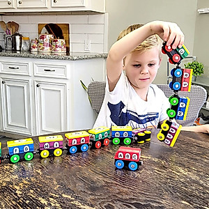 On Track USA Wooden Train Set ABC Magnetic Trains for Toddlers 12 Pieces, Compatible with All Train Track Accessory Sets, Alphabet and Numbers Toy Trains for Boys and Girls