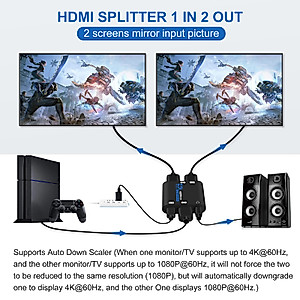 4K@60Hz HDMI Splitter 1x2, HDMI Splitter 1 in 2 Out for Dual Monitor, Supports Auto Scaling, HDCP 2.2, HDMI 2.0b, RGB 8:8:8, HDR 10, 3D for Xbox PS4/5 Fire Stick Cable Box(HDMI Cable NOT Include)