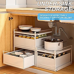 Stackable Sliding Utensils Basket Organization and Storage, Pull-able Under Cabinet Storage, Large Under Sink Organizer Drawer with Shelves for Dishes, Bowls, Seasoning Canisters and Cups(23.5''L)