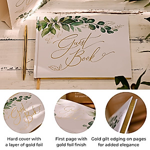 Gold Foil Greenery Wedding Guest Book 7 x 9 inches, Pen & Table Sign Included, Resgistry Sign in Book for Wedding, Bridal Shower, Baby Shower, Graduation, Birthday, Funeral, Anniversary or Reception