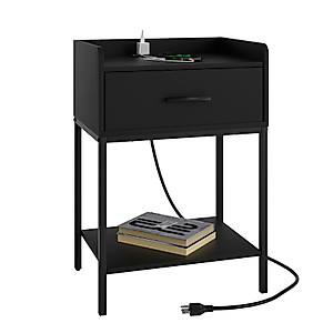 Masupu Nightstand with Charging Station,3-Tier Modern Bedside Night Stand with Storage Drawer and Shelf,Small End Side Table for Bedroom,Living Room,Black
