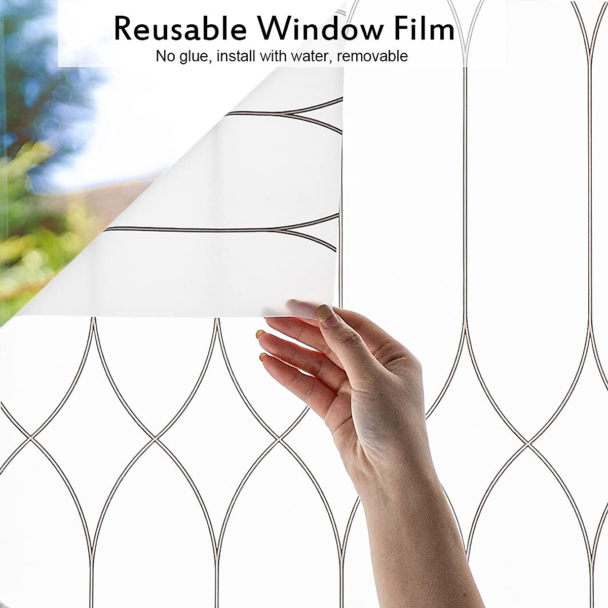 Privacy Window Film Decoration, Heat Control Window Tint for Home, Static Cling Glass Door Covering Window Sticker Removable Non-Adhesive UV Blocking, White Frosted w/Black Morocco Lines, 17.7"x78.7"