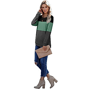 CRAZY GRID Women Casual Tops Loose Color Block Comfy Long Sleeve T Shirt Pullover Sweatshirts Black Green Small