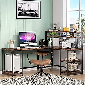 Tribesigns 67" Reversible Large Computer Desk with Hutch, Office Desk Study Table Writing Desk Workstation with 5 Storage Shelves 2 Tier Bookshelf for Home Office (Rustic Brown)