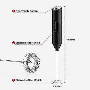 Bonsenkitchen Milk Frother Handheld, Electric Milk Foam Maker with Stainless Steel Whisk, Hand Drink Mixer for Coffee, Lattes, Cappuccino, Matcha, Battery Operated, Electric Stirrer Coffee Mixer Wand