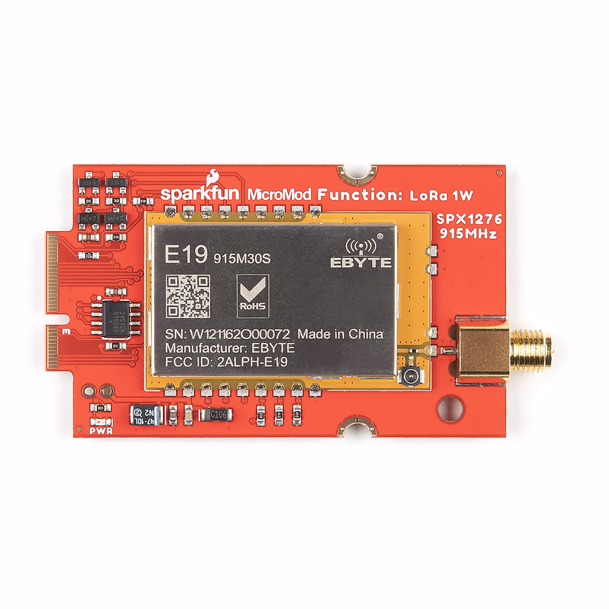 SparkFun MicroMod LoRa Function Board - 1W 915M30S LoRa Module Frequency Range: 900-931MHz Transmit Power 28.5-30dBm (max) Modulation LoRa, FSK, GFSK, MSK, GMSK, OOK Antenna Impedance: 50Ω