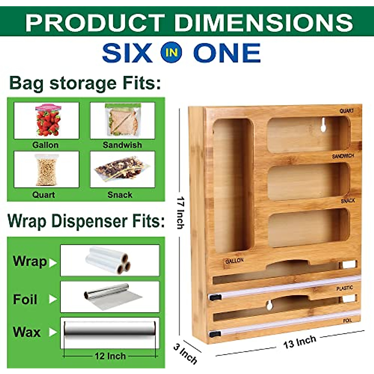 Plastic Wrap Dispenser with Cutter and Ziplock Bag organizer,6 IN 1 Bamboo Foil and Plastic Wrap Organizer for Kitchen Drawer & Wall Mount,Ziplock Bag Storage Organizer for Gallon,Quart,Sandwich,Snack