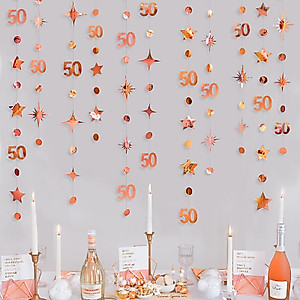 Rose Gold 50th Birthday Decorations Number 50 Circle Dot Twinkle Star Garland Metallic Hanging Streamer Bunting Banner Backdrop for 50 Year Old Birthday Happy 50th Anniversary Fiftieth Party Supplies