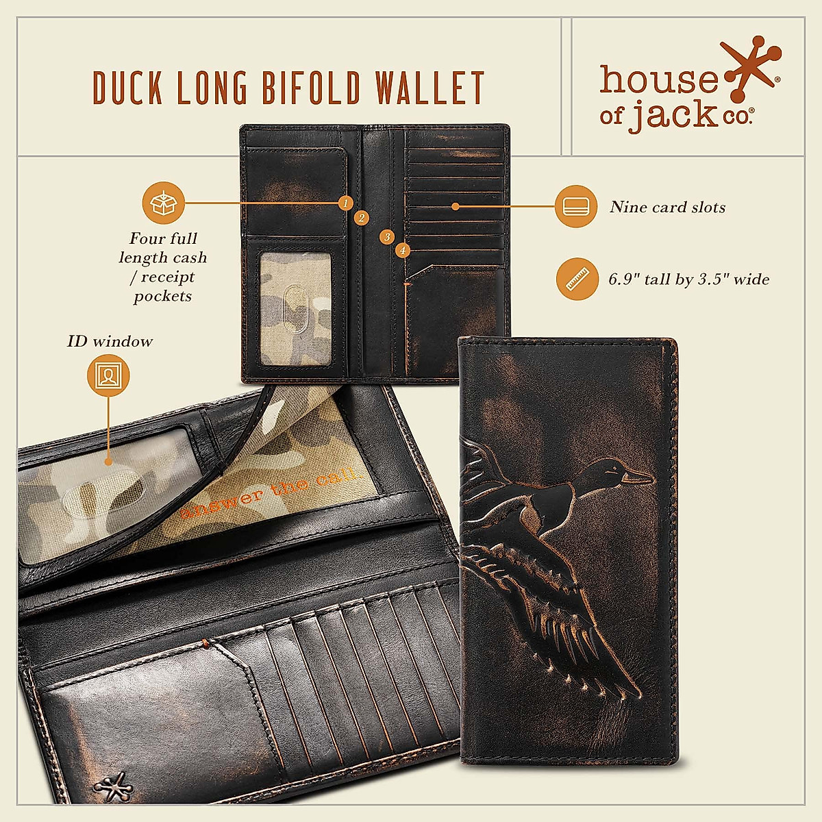 House of Jack Co. DUCK Long Wallet for Men | Full Grain Leather with Hand Burnished Finish | Long Bifold Wallet | Rodeo Wallet | Duck Hunter Gift