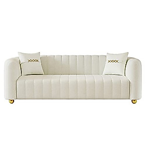 yunqishi KEAI 83.46" Velvet Couch for Living Room Teddy Large Modern Sofa with Gold Metal Sphere Legs Office Upholstered Comfy 3 Seater Couches Cute Sherpa Bedroom Furniture (Teddy Cream White)