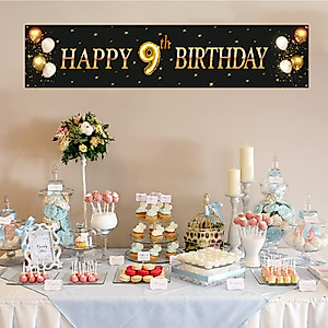 Kimini-Ki Happy 9th Birthday Banner, Lager 9th Birthday Banner Backdrops, 9th Years Old Decor, 9th Birthday Party Decorations for Boys or Girls - Black and Gold (9th)