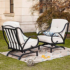 Top Space Patio Bistro Set Conversation Set Outdoor Metal Furniture Rocking Motion Chairs with Cushions and Square Coffee Table for Garden Balcony Lawn (3PCS, White)