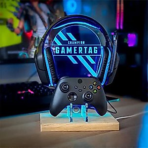 Personalised Headset Controller Holder, RGB LED Gaming Station Console Controller Holder - Hooded Gamer | Gamer Gift Idea | Custom Gamer Name Headphone Hanger