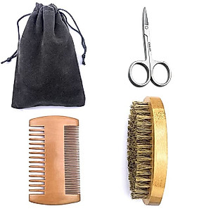 Beard Kit Brush Comb Scissors with Storage Bag Natural Boar Bristle Brush and Dual Action Pear Wood Comb Stocking Stuffers Gift set