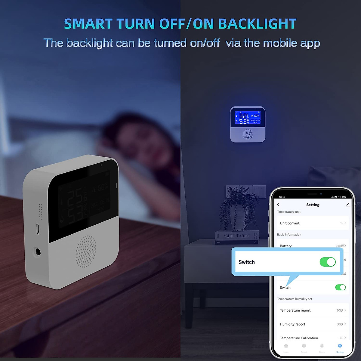 WiFi Temperature Humidity Monitor: Digital Thermometer Hygrometer with Brightness Sensor, Backlit Screen, Buzzer Alarm & App Alerts, Smart Temperature Humidity Sensor Compatible with Alexa