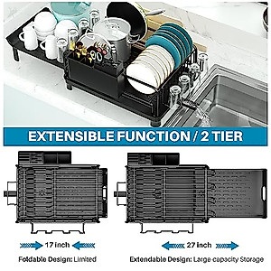caktraie Dish Drying Rack - Expandable Dish Rack for Kitchen Counter, Rust-Proof Kitchen Dish Drying Rack with Utensil Holder, Cups Holder, Black