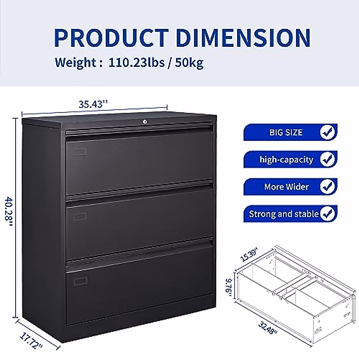 CuisinSmart File Cabinets, 3 Drawer Lateral File Cabinet for Legal/Letter/A4 FileMetal Wide Filing Organization Storage Cabinets with Lock for Home Office-Black