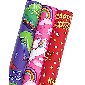 MAYPLUSS Reversible Kids Birthday Wrapping Paper - Mini Roll (17 inches x 10 feet per Roll) - Unicorn/Dinosaur/Polka Dots